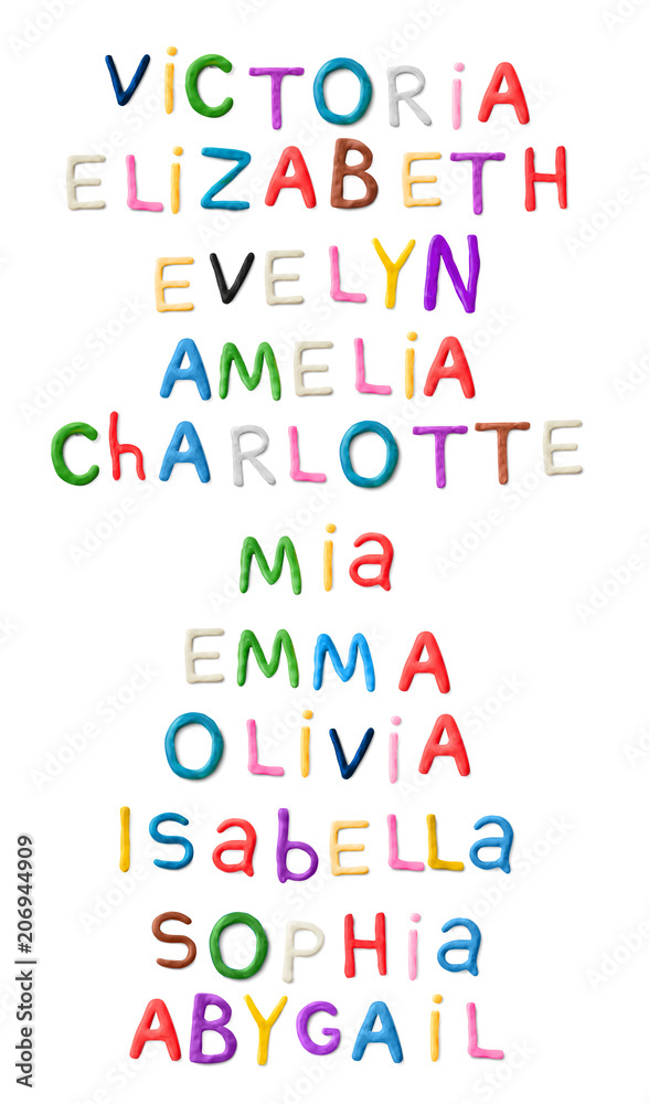 Handmade modeling clay girls names. Realistic 3d vector lettering ...