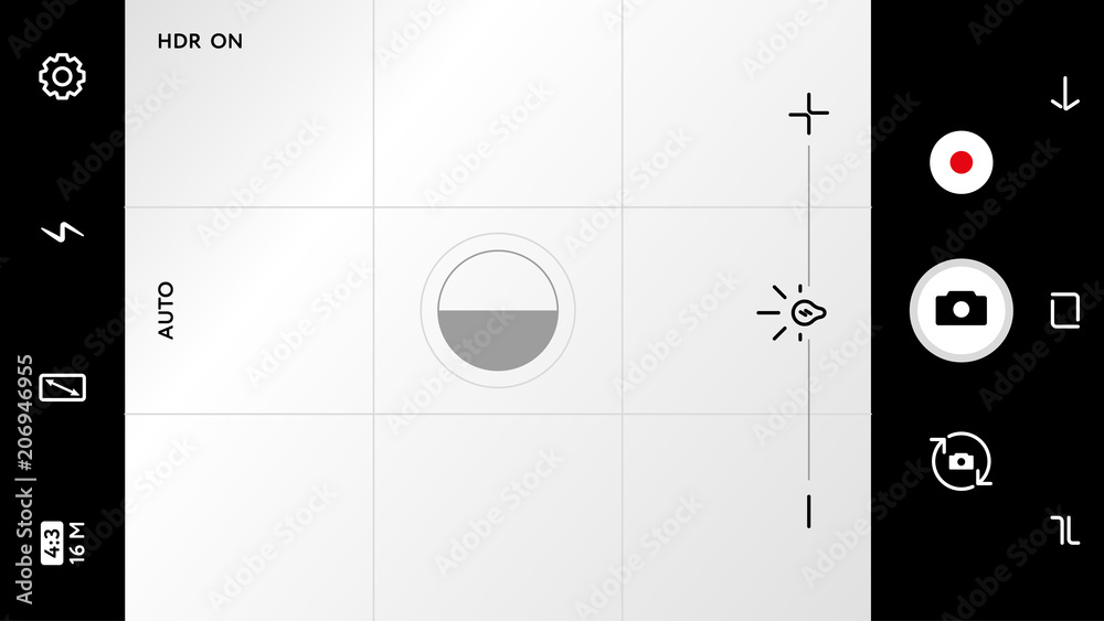 Modern camera focusing screen with exposure, zoom zone and options ...