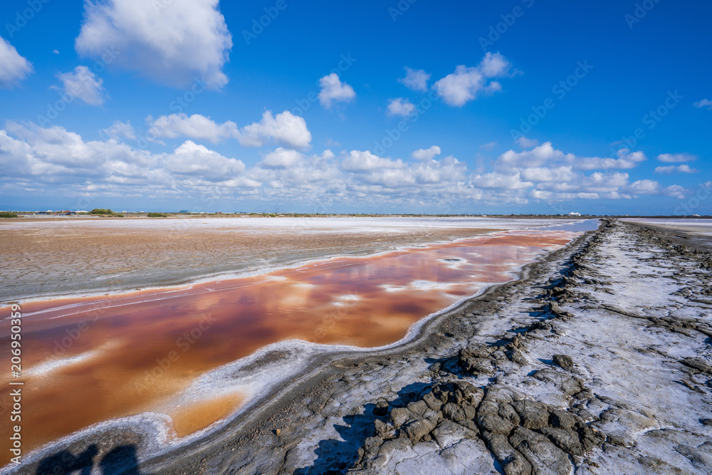 Abandoned salt beach with incredible beautiful iron red color bittern ...