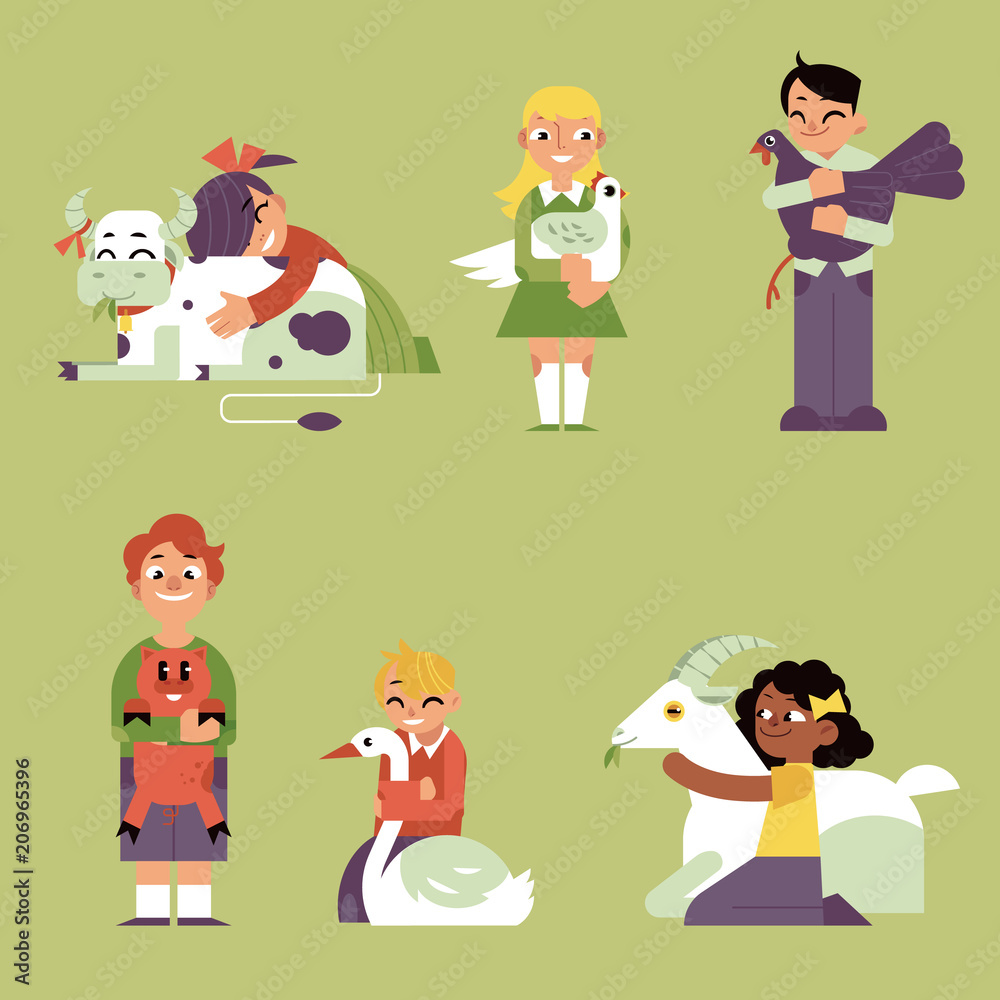 Children hugging domestic farm animals set isolated on green background ...