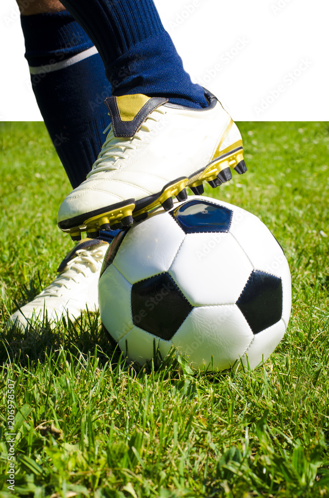 Legs of football player, soccer player and soccer ball isolated white ...