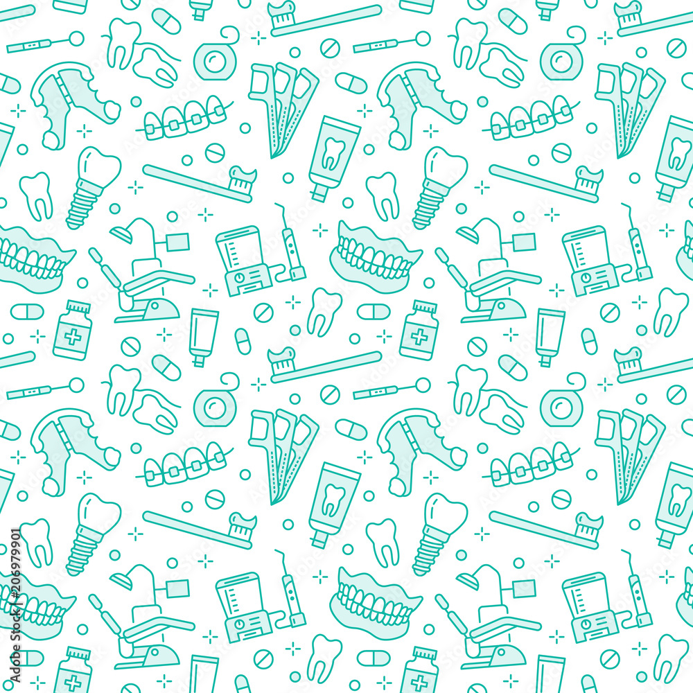 Vetor do Stock: Dentist, orthodontics seamless pattern with line icons ...