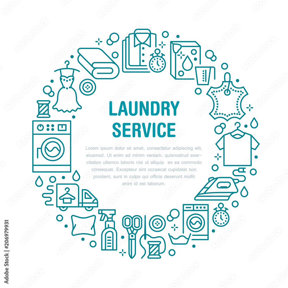 Dry cleaning, banner illustration with flat line icons. Laundry service ...