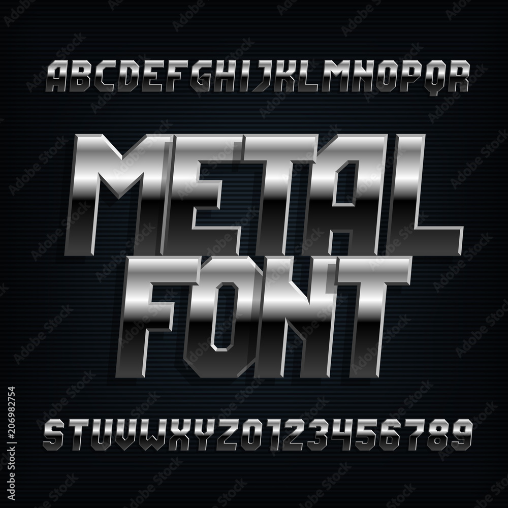 Metal alphabet font. Chrome effect oblique letters, numbers and symbols ...