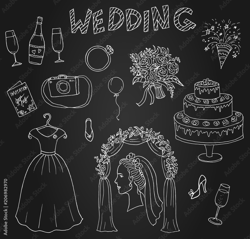 Wedding symbols set hand drawn with ink sketch Stock Vector | Adobe Stock