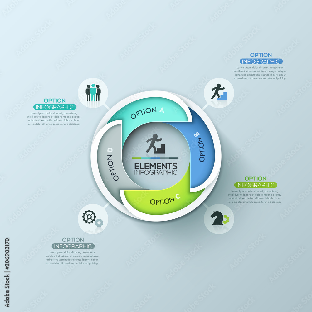 Modern round infographic design template with 4 lettered overlapping ...