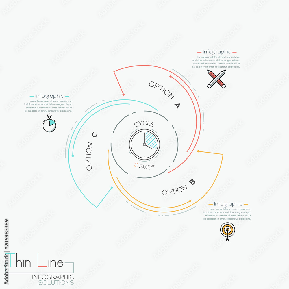 Circular infographic design template with 3 spiral lettered elements ...