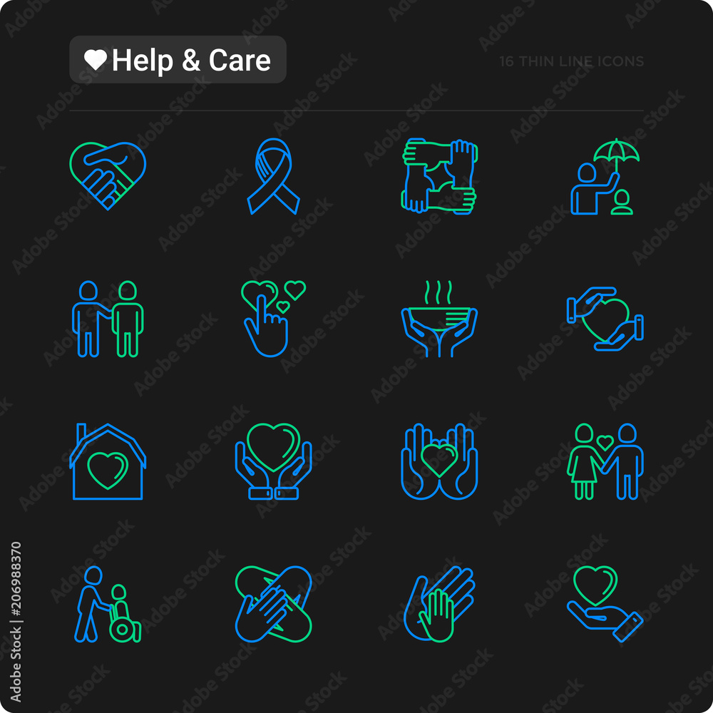 Help and care thin line icons set: symbols of support, help for ...