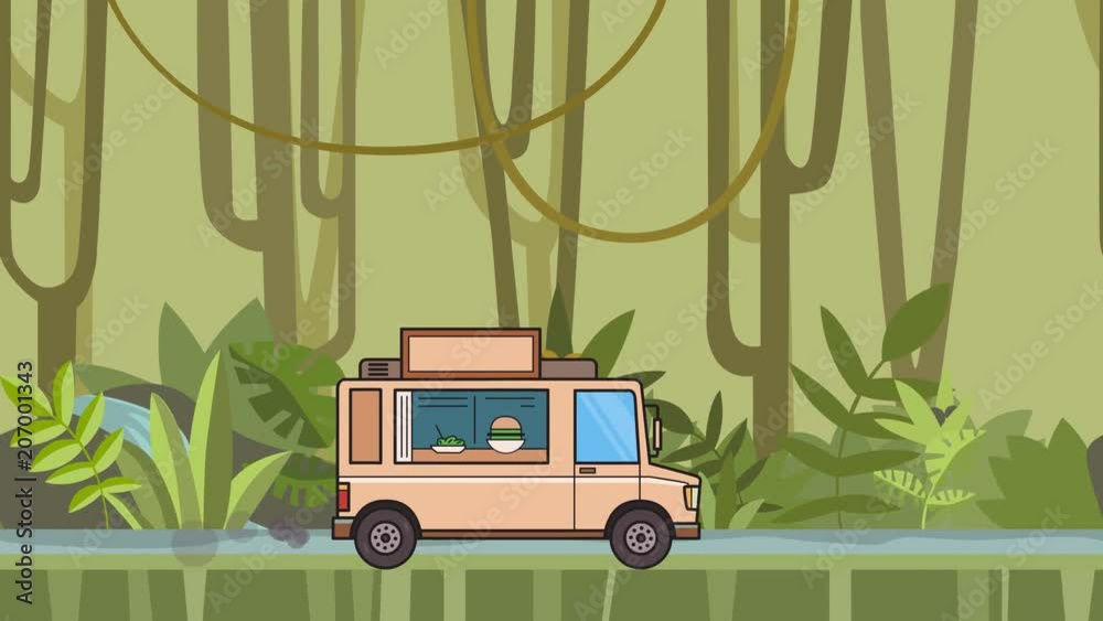 Animated food truck riding through tropical rainforest. Moving vehicle ...