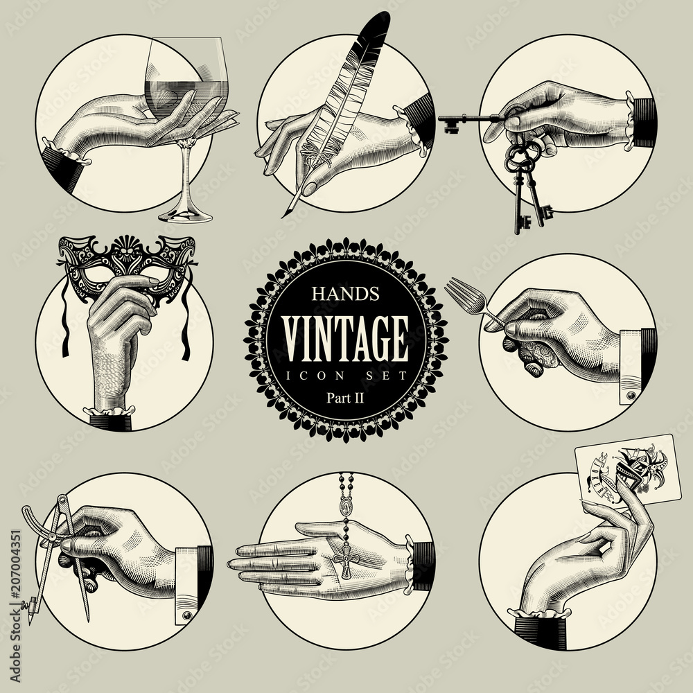 Set of round icons in vintage engraving style with hands and ...