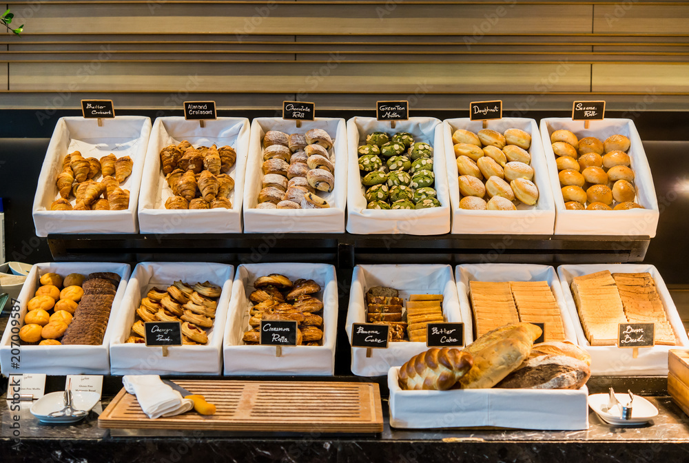 Luxury hotel breakfast buffet ,A variety of freshly made pastry in the ...