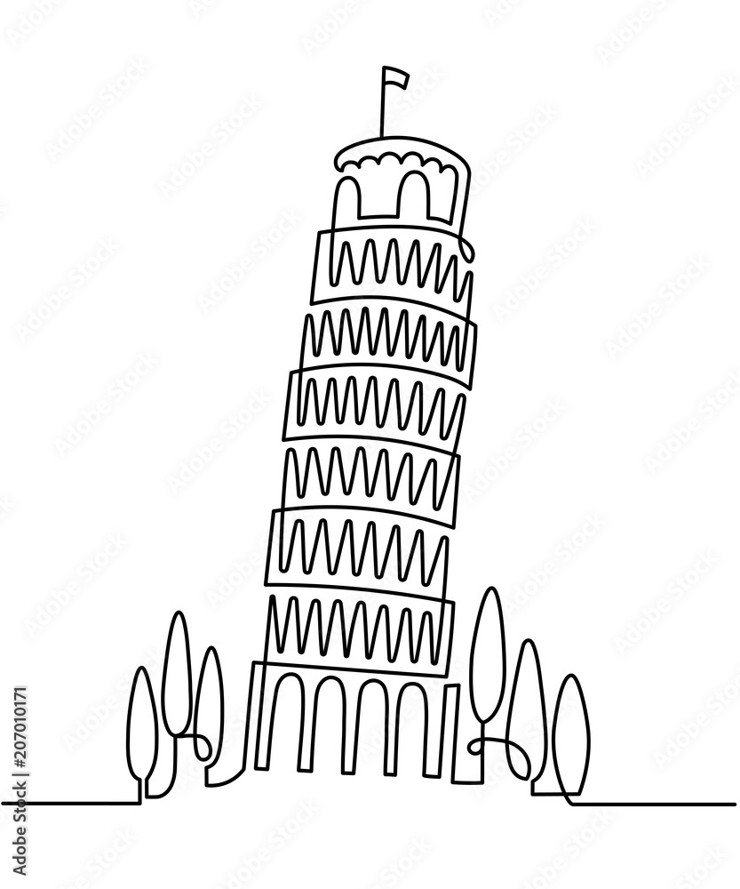 Continuous Line Drawing of Vector Italian landmark Piza Tower, Italy ...
