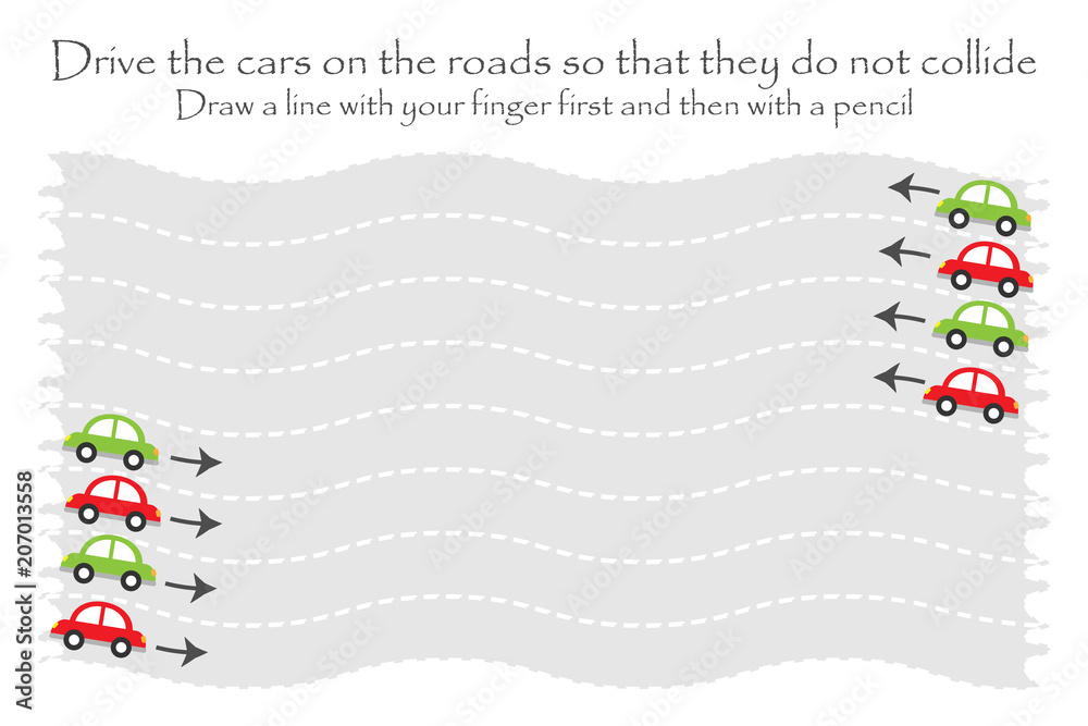 Drive the cars on the road in two directions, wavy handwriting practice ...