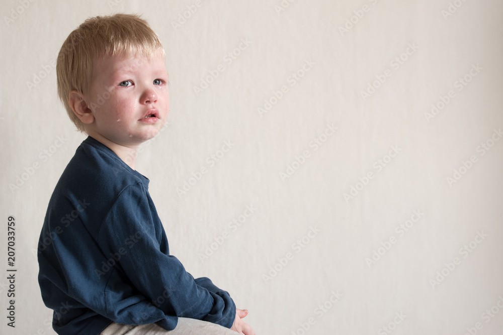 Cry. Portrait of boy. Caucasian child looks at camera. Charming boy the ...