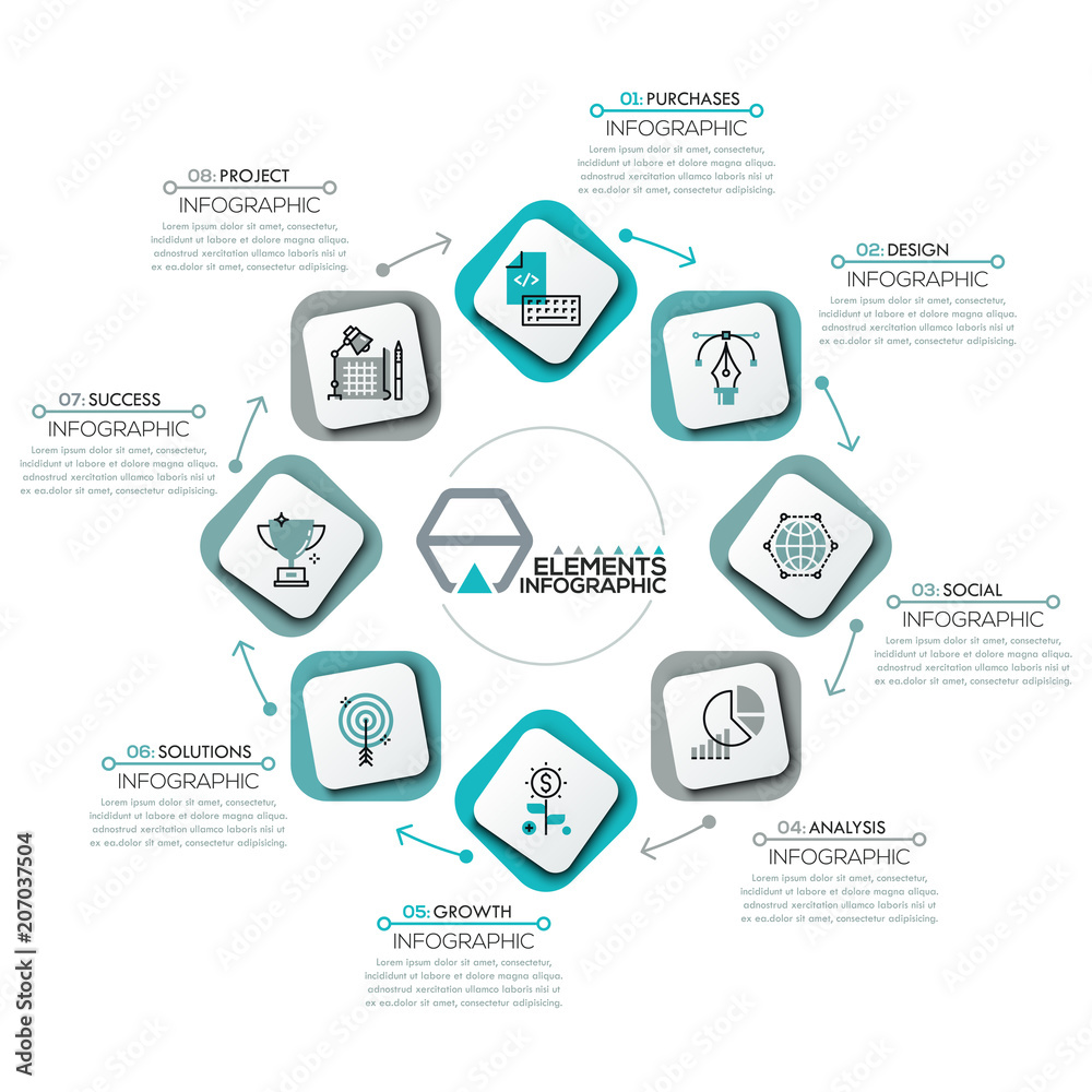 Round diagram, 8 rectangular elements with icons in thin line style ...