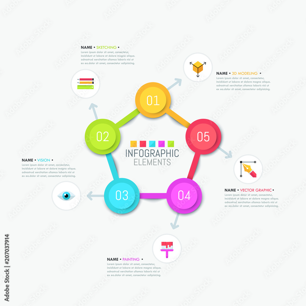 Pentagonal diagram with colorful elements Stock Vector | Adobe Stock