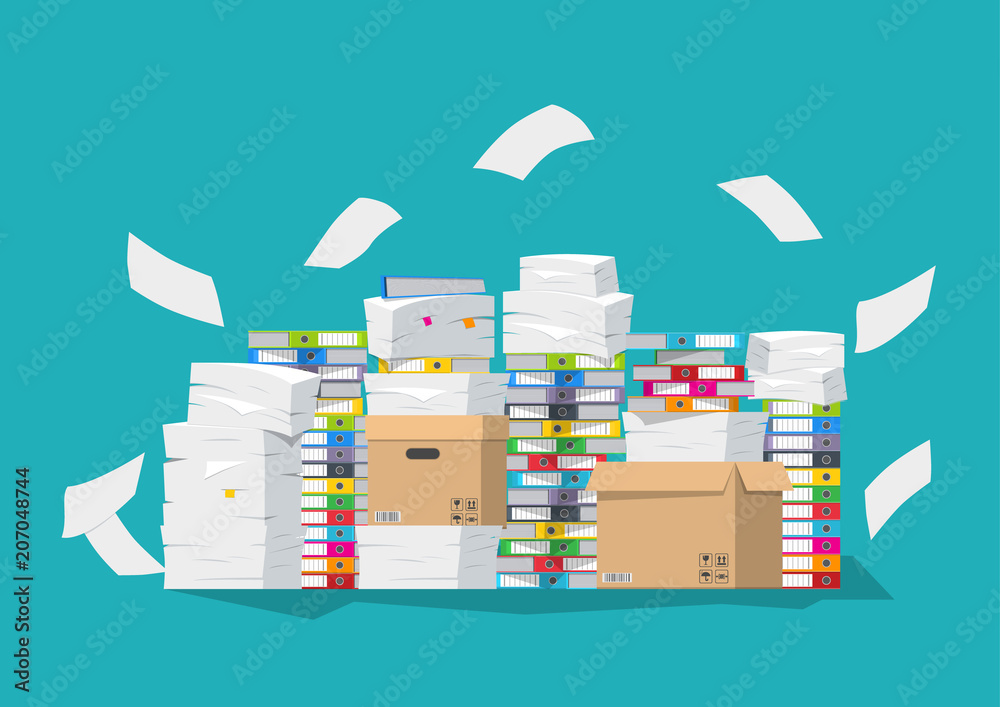 Vector illustration. Pile of paper documents and file folders. Stock ...