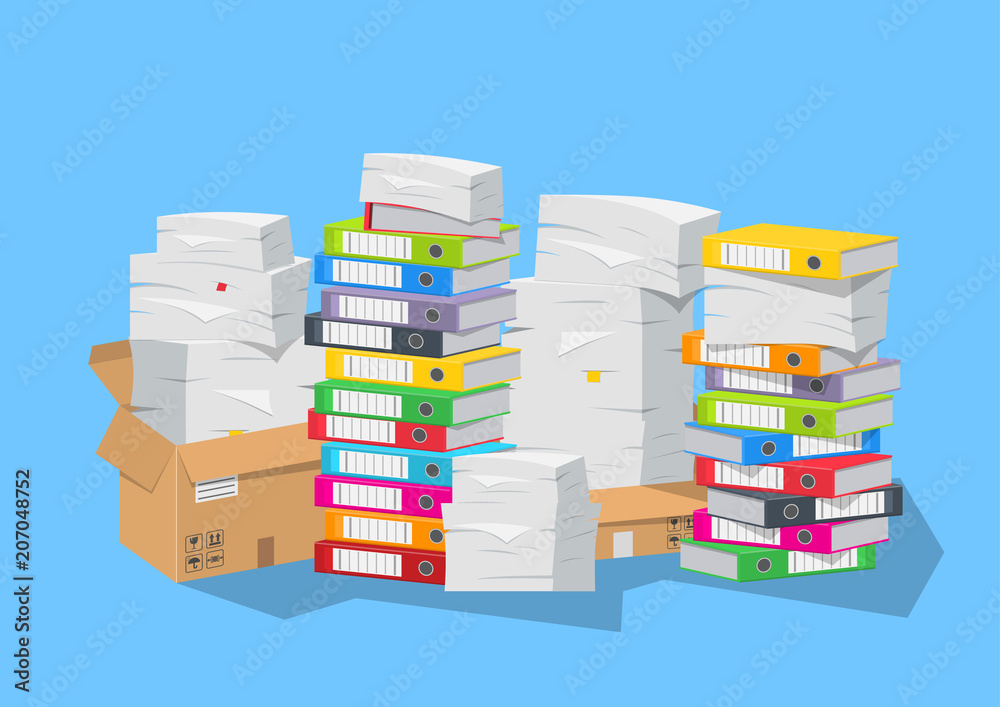 Vector illustration. Lot of paperwork with documents and folders. Stock ...
