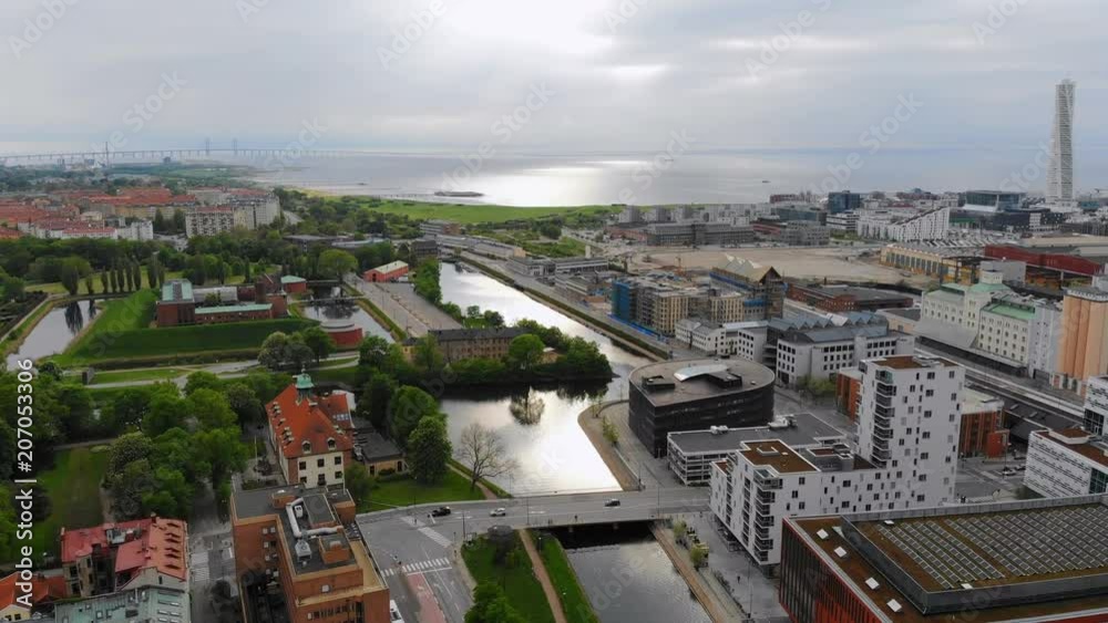 Aerial view of cityscape of Malmo, capital city of Scania, city canals ...