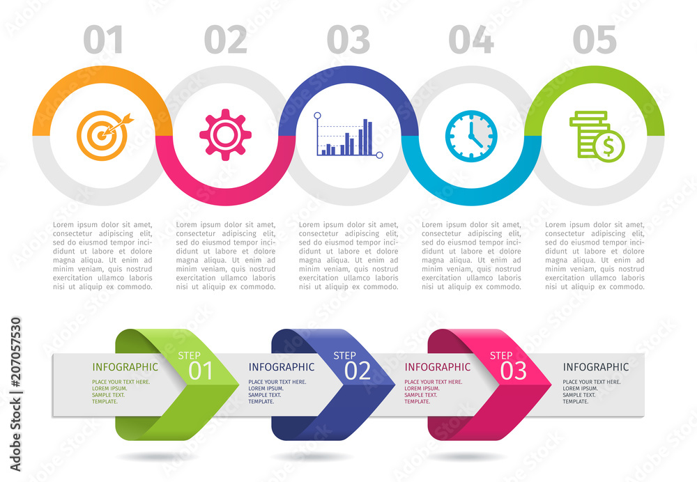 Colorful Infographic process chart and arrows with step up options ...