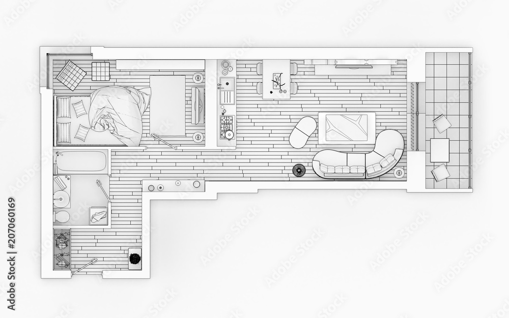Line drawing floor plan on a white background, Mock up of furnished ...