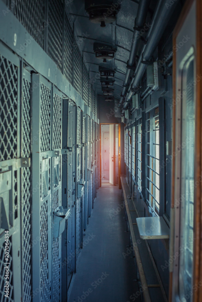 Fotka „The corridor of the prison car. Transport for prisoners, the ...