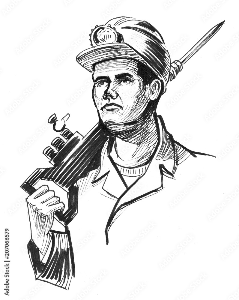 Mining worker. Ink black and white drawing Stock Illustration | Adobe Stock