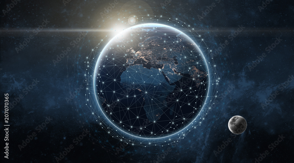 Global communication network concept network dots surrounding planet ...
