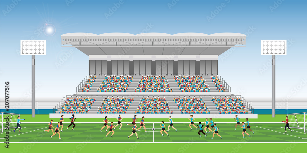 Crowd in stadium grandstand to cheering football match team players ...