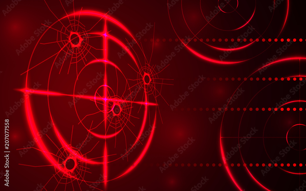 Abstract red radar, target, shooting range with bullet hole digital ...