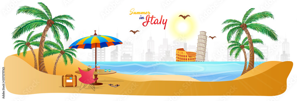 Summer in Italy web header or banner with stylish text travel bag ...