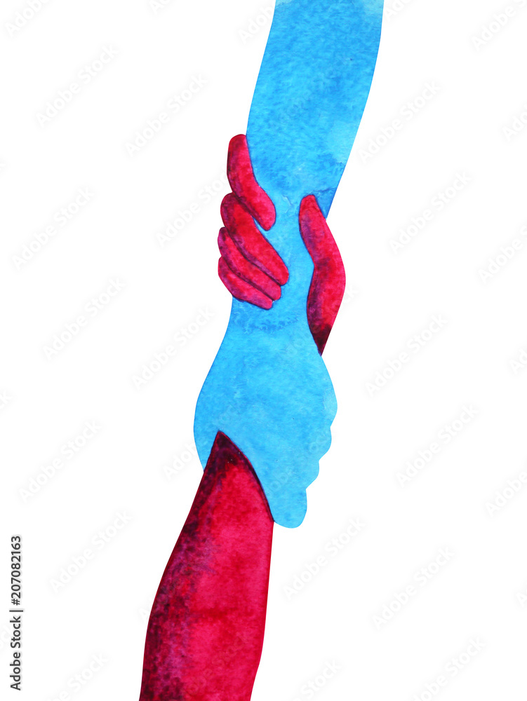 blue and red hands holding together watercolor painting illustration ...