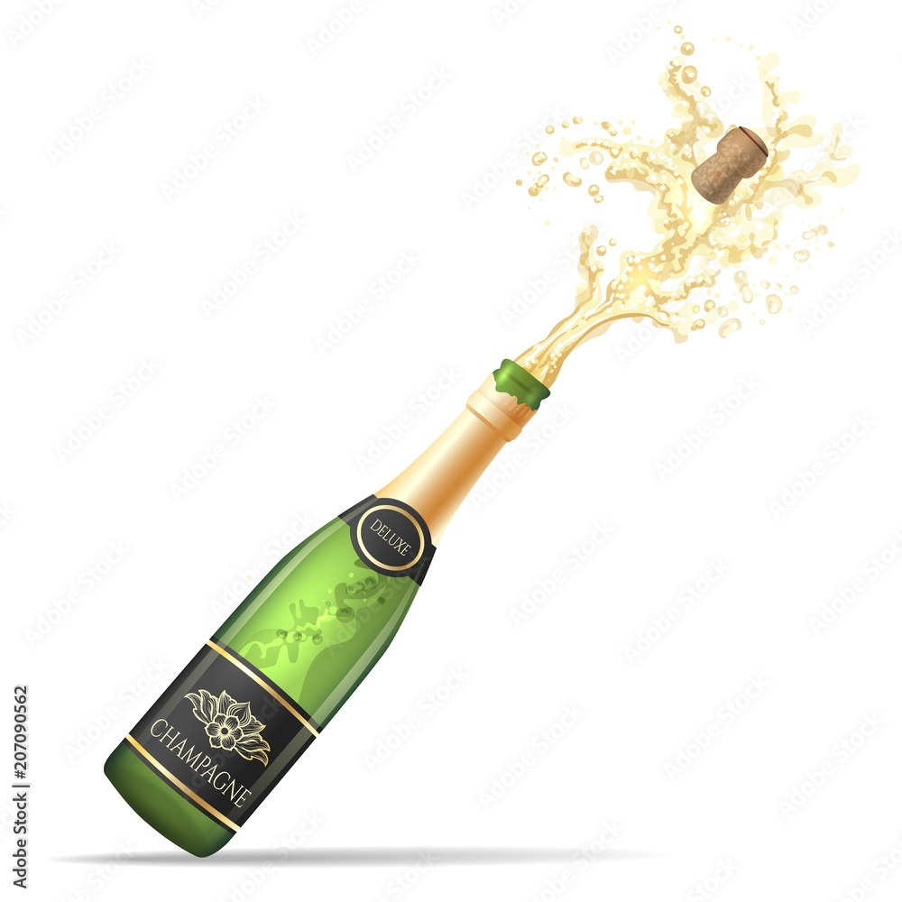 Champagne explosion. Champagne bottle pop and fizz vector illustration ...