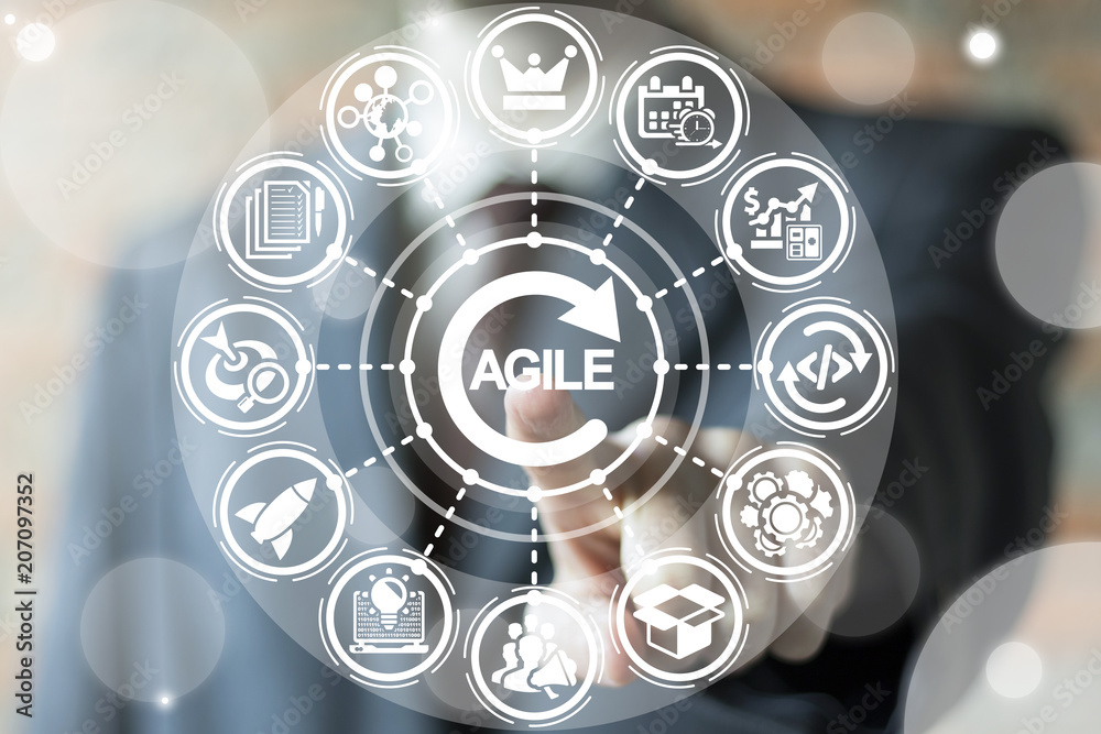 Businessman clicks a agile word with circle arrow surrounded by ...