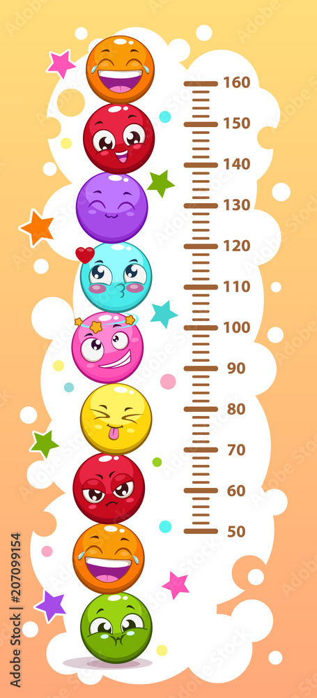 Kids height chart with funny cartoon colorful round characters. Stock ...