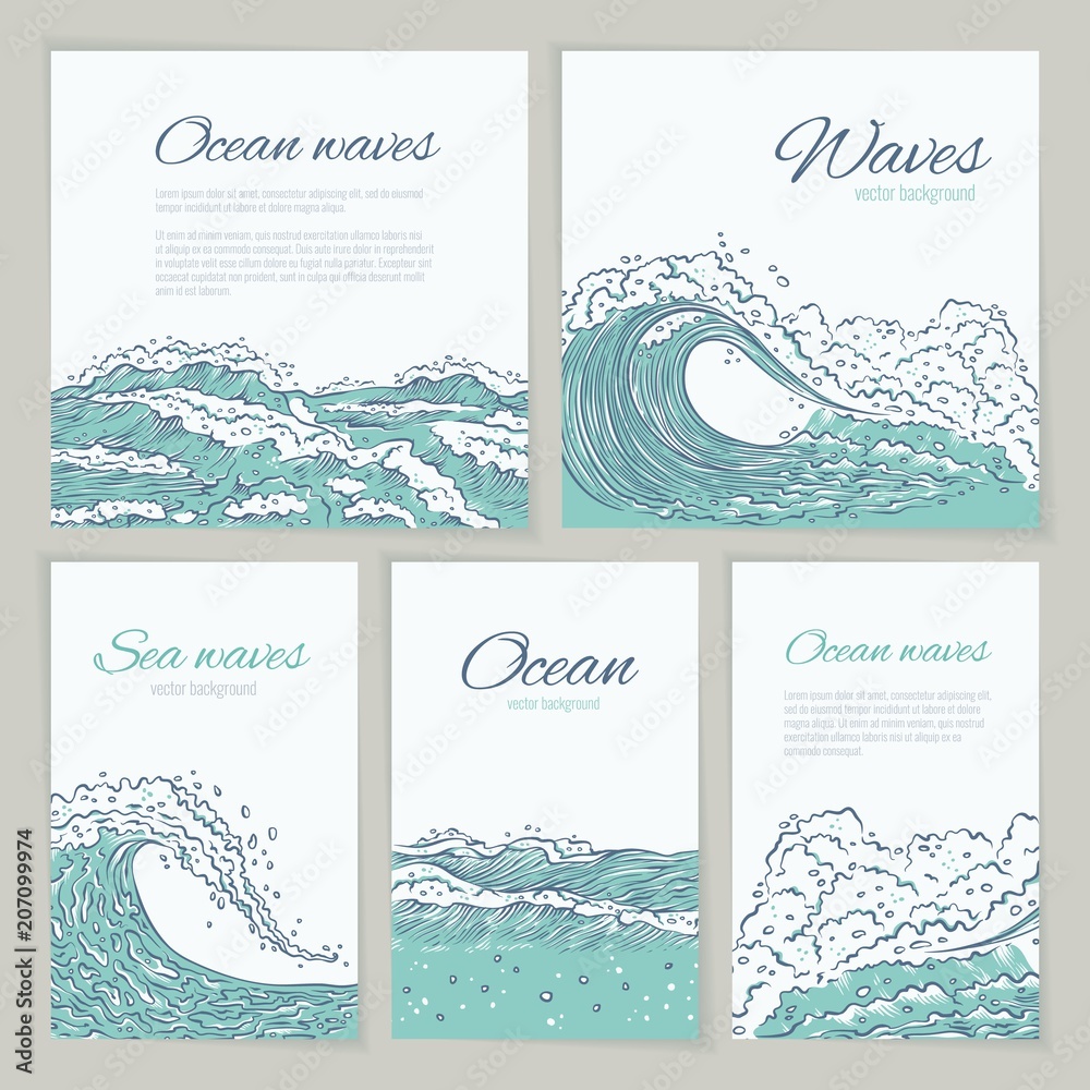 Vector set waves sea ocean card wedding, summer holiday and trip. Flyer ...