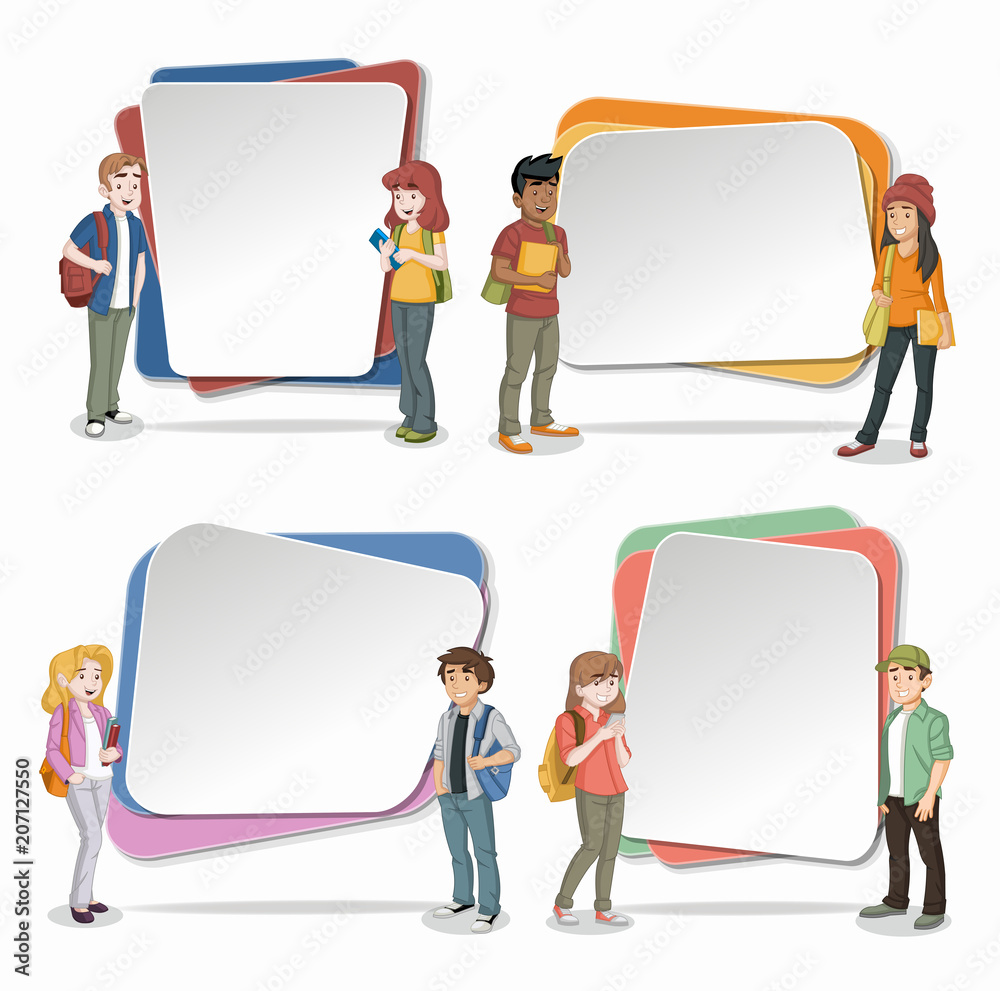 Text box frame background with cartoon young people. Teenagers. Stock ...