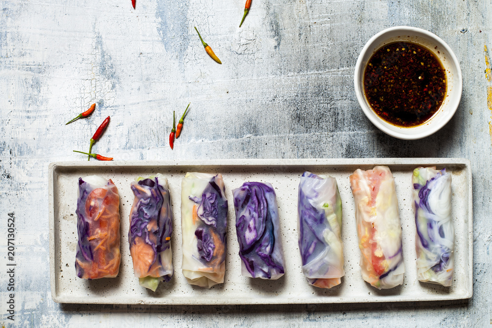 Vegan rice paper wraps Vietnamese summer rolls, filled with cabbage ...