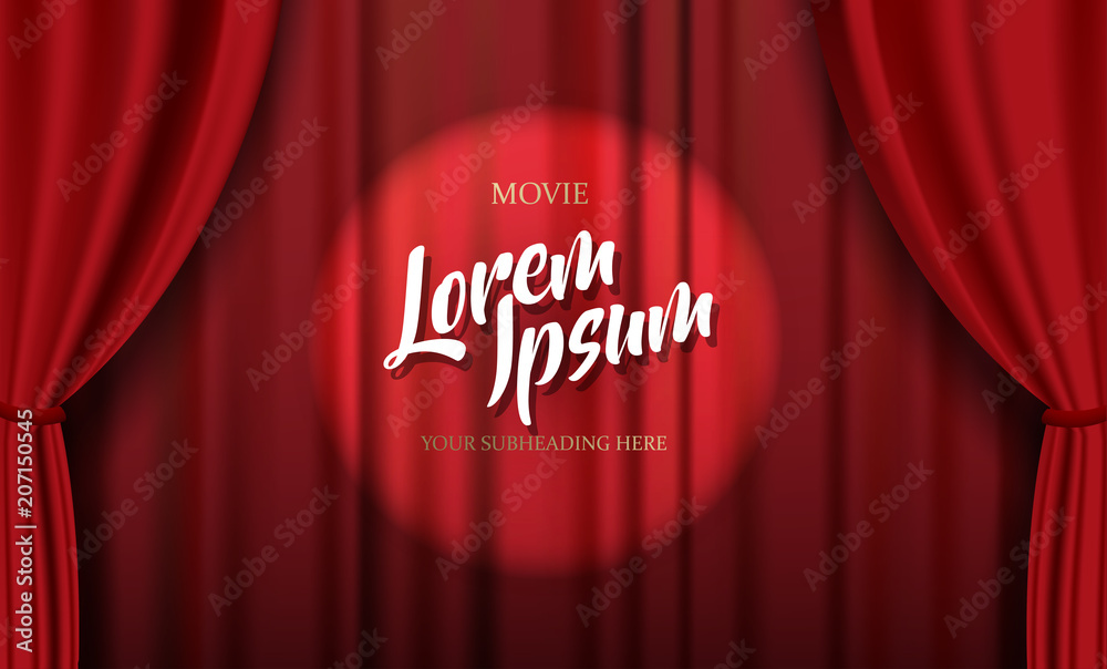 Teathre stage template with red heavy curtain and golden text. Stock ...