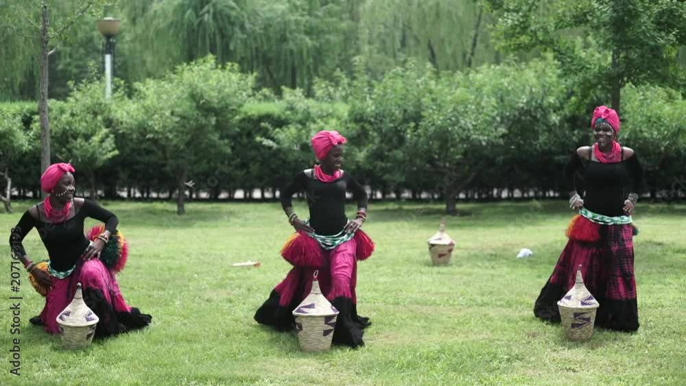 African women are dancing a folk traditional dance on a grass meadow ...