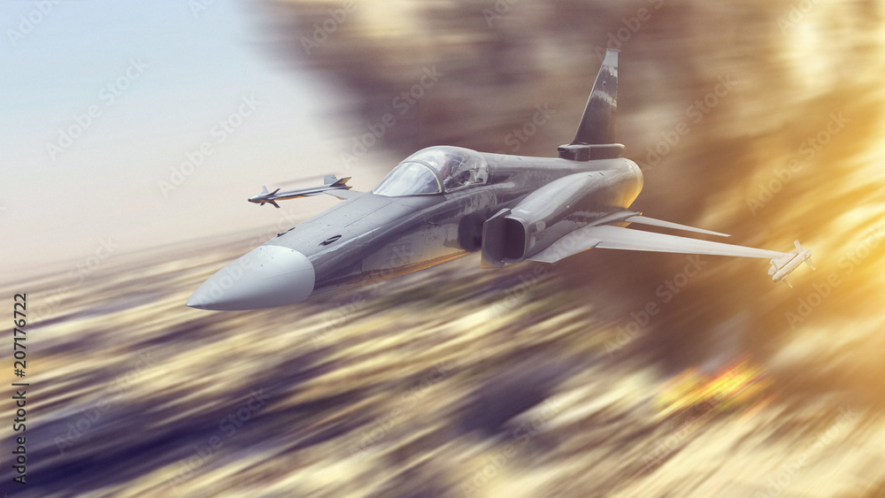 Jet fighter war airplane armed with missiles flying really low over the ...