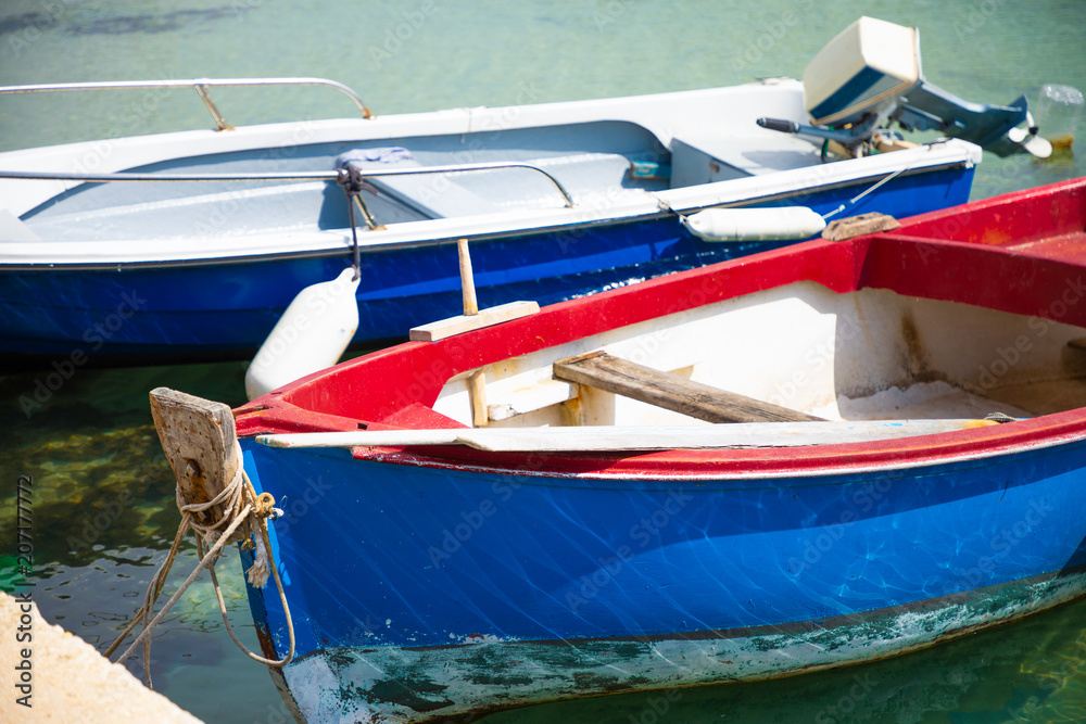 Elements of blue fishing boat on sea water Stock Photo | Adobe Stock