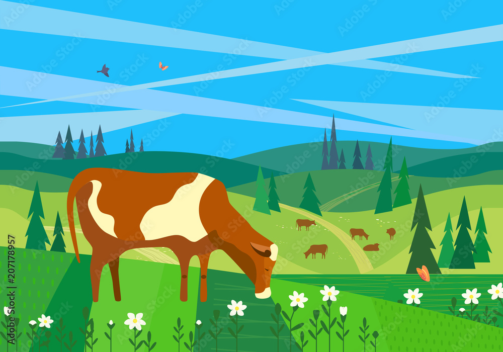 Nature outdoor landscape. Colorful cartoon. Farming herd of brown cows ...