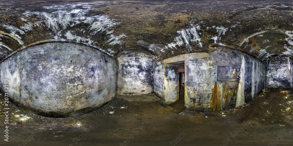 full seamless panorama 360 by 180 angle view inside ruined abandoned ...