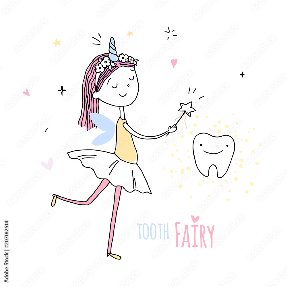 Smiling tooth fairy. Cute little happy fairy girl with tooth. Hand ...