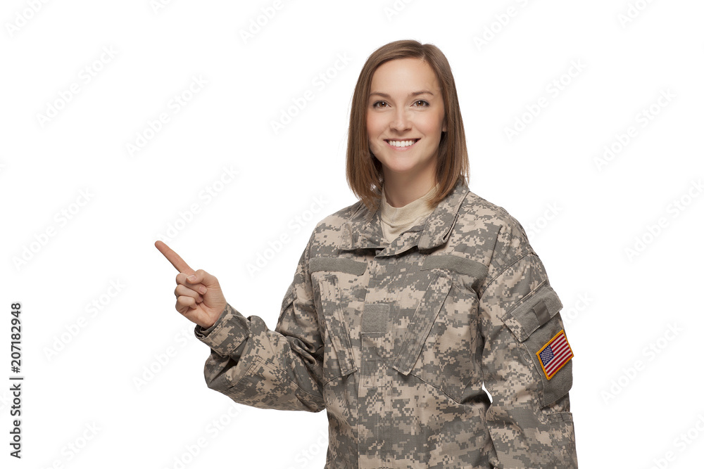 Female Soldier Pointing Up on White Background Stock Photo | Adobe Stock