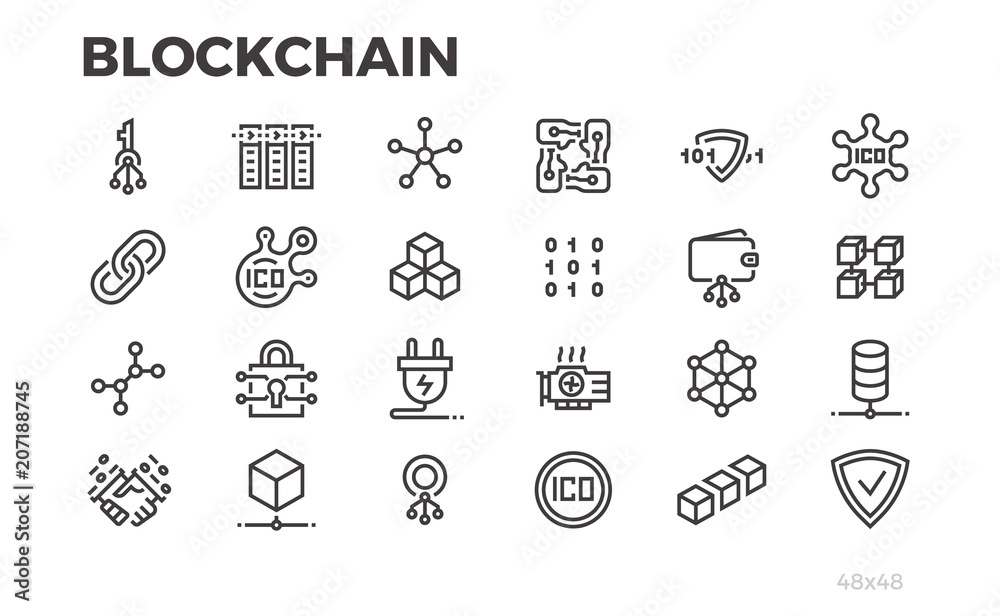 Blockchain technology icons. Cryptography, crypto currency and other ...