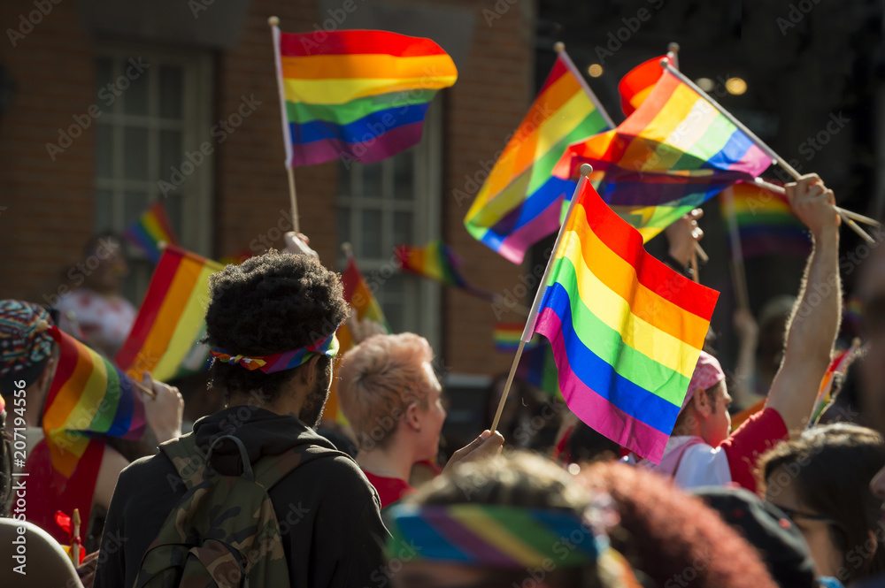 Unrecognizable backlit crowd with rainbows flags and signs in the ...