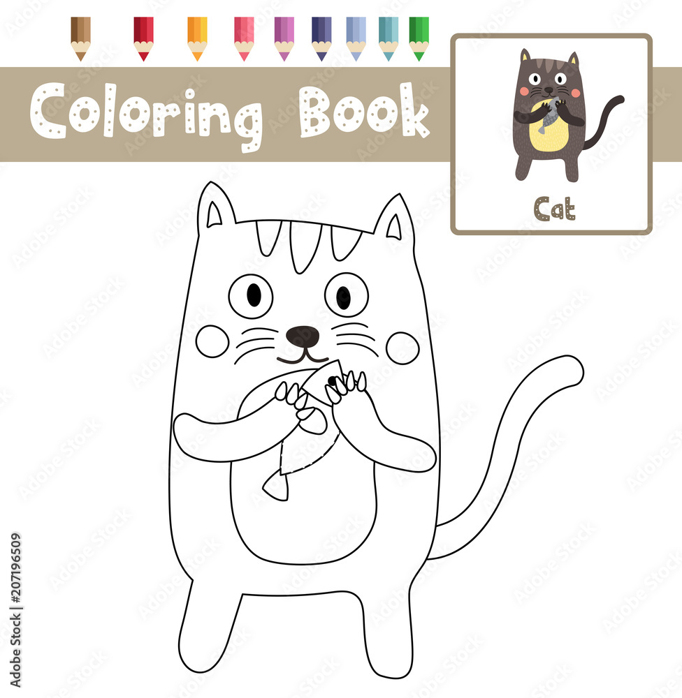 Coloring page of Standing Cat holding fish animals for preschool kids ...
