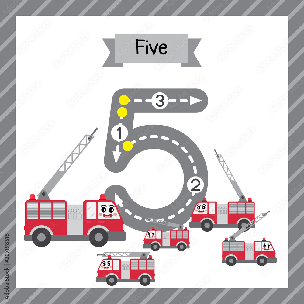 Cute children Flashcard number five tracing with 5 Fire Engines for ...